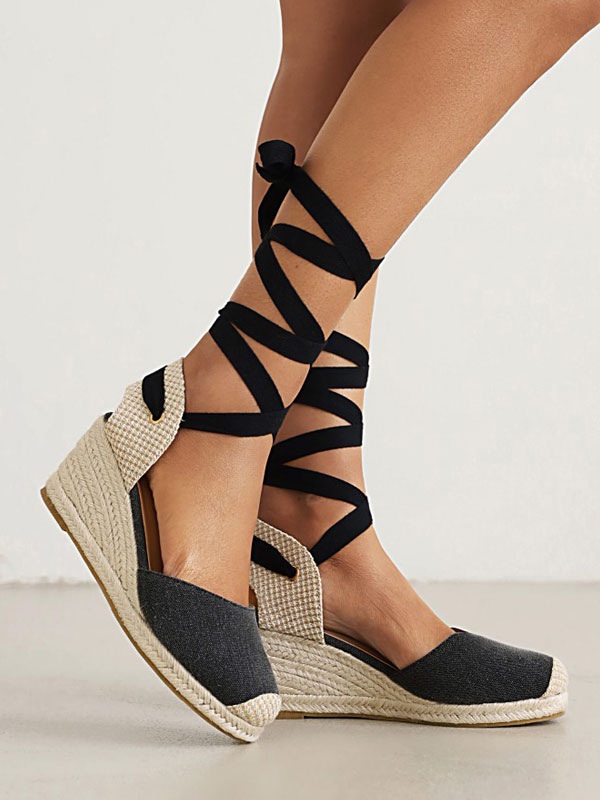 Sandales avec Talons Compensées Femme avec Brides à Lacets Bicolores ...