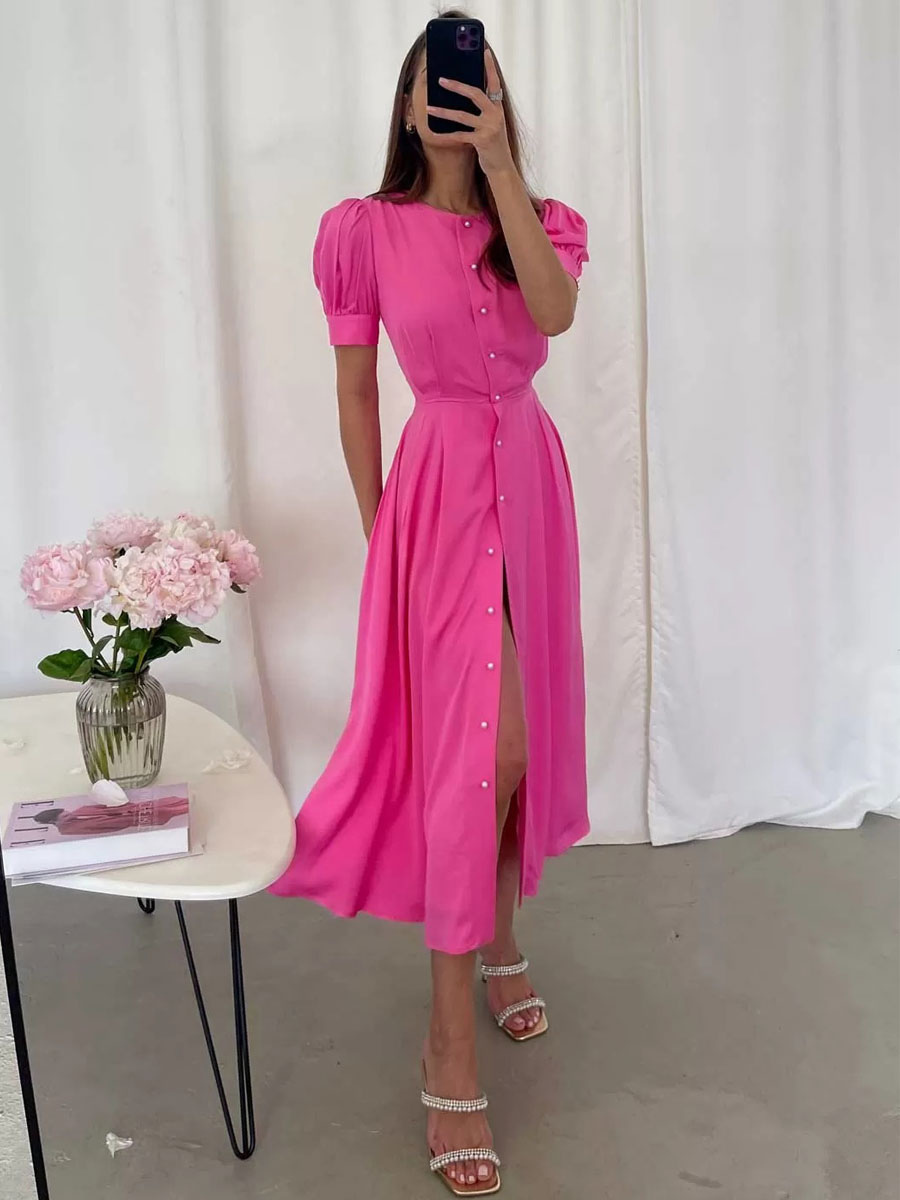 Robe Mi-longue Femme avec Manches Courtes Amples à Col Rond Coupe ...