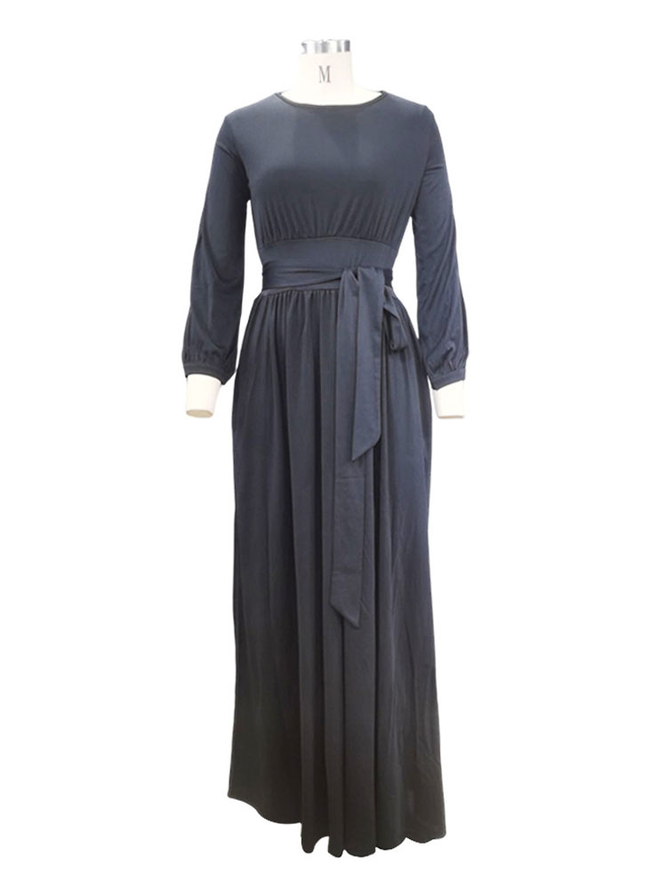 Robe Longue Femme avec Manches Longues Amples à Col Rond Coupe Cintrée ...