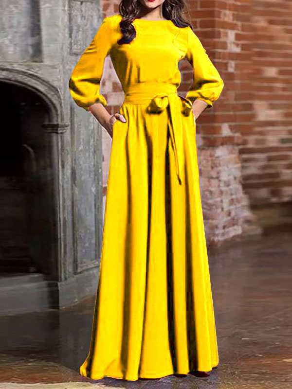 Robe Longue Femme avec Manches Longues Amples à Col Rond Coupe Cintrée ...