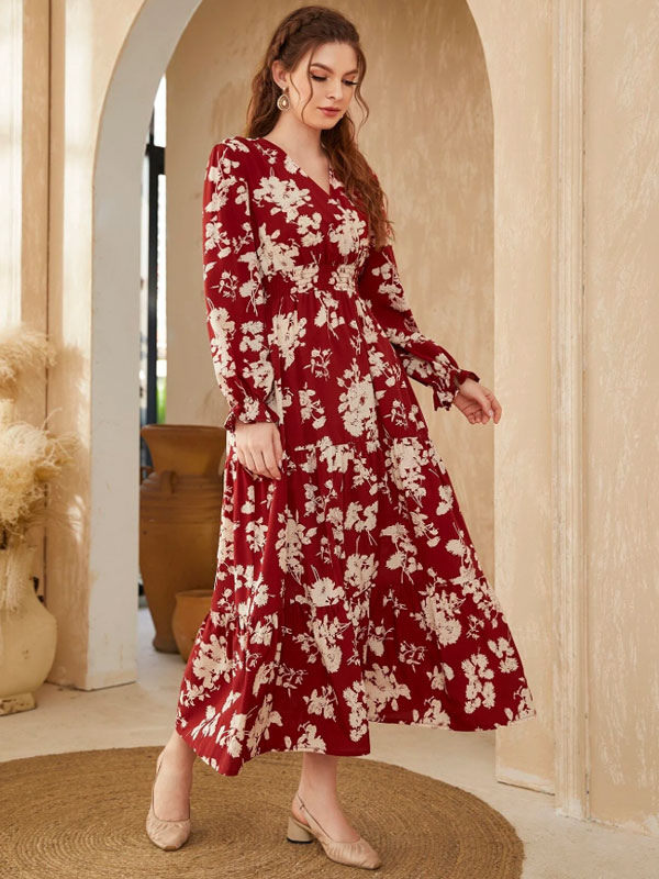Boho Dress V-Neck Long Sleeves Floral Print Summer Dress - Milanoo.com