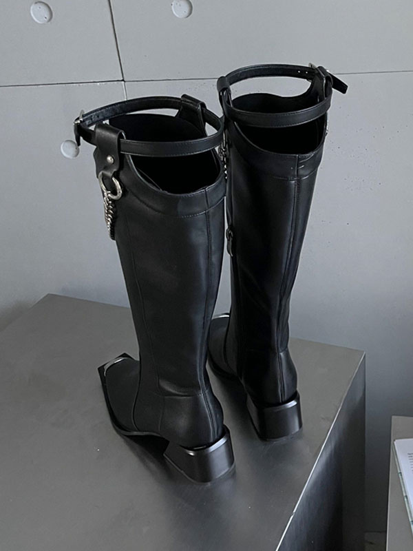 Botas Hasta La Rodilla De Mujer Cadenas Negras Tacón Grueso Botas Hasta