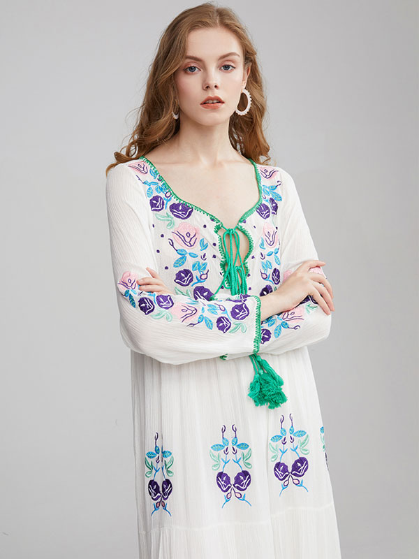 Boho Kleid Bestickter V-Ausschnitt Weiß Lange Ärmel Quaste Bohemian ...