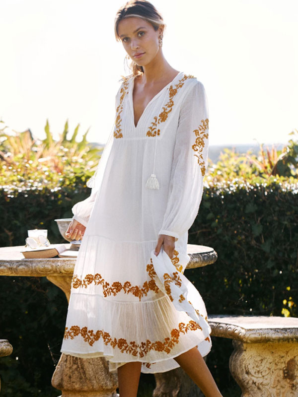 Boho Dress V-Neck Long Sleeves White Bohemian Gypsy Beach Vacation ...