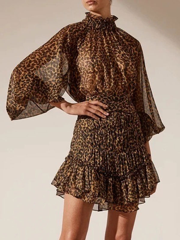 Birthday Mini Dresses Leopard 3/4 Length Sleeves Pleated Short Dress ...