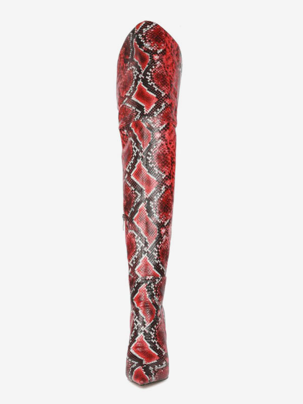 Over The Knee Boots Leather Pink Pointed Toe Snake Print Chunky Heel ...