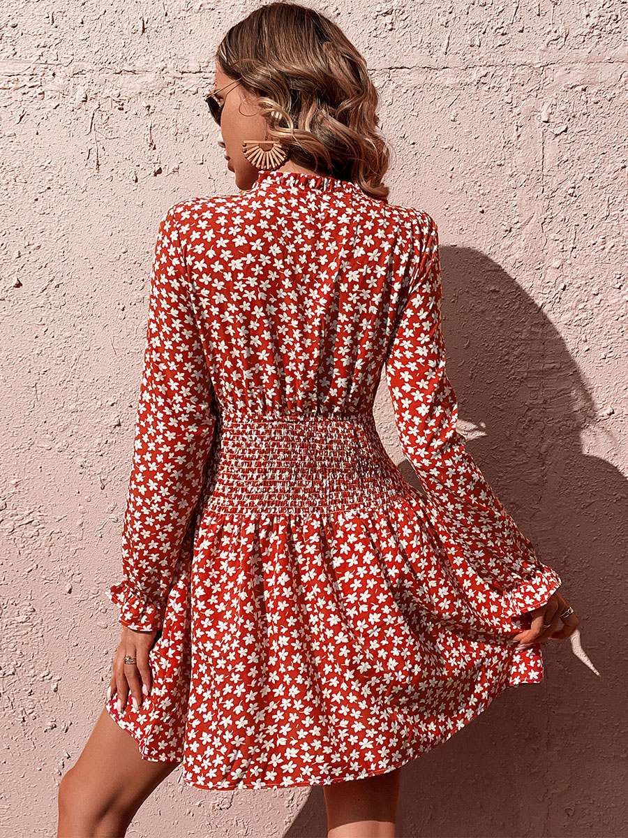 Mini Dresses Burgundy Floral Print Long Sleeves Short Dress - Milanoo.com