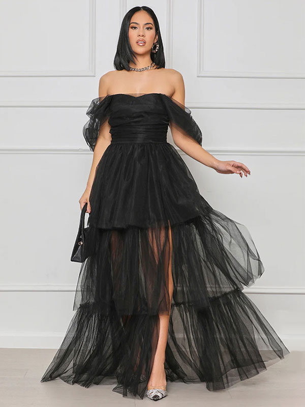 Birthday Party Dresses Black Bateau Neck Pleated Layered Semi Formal ...