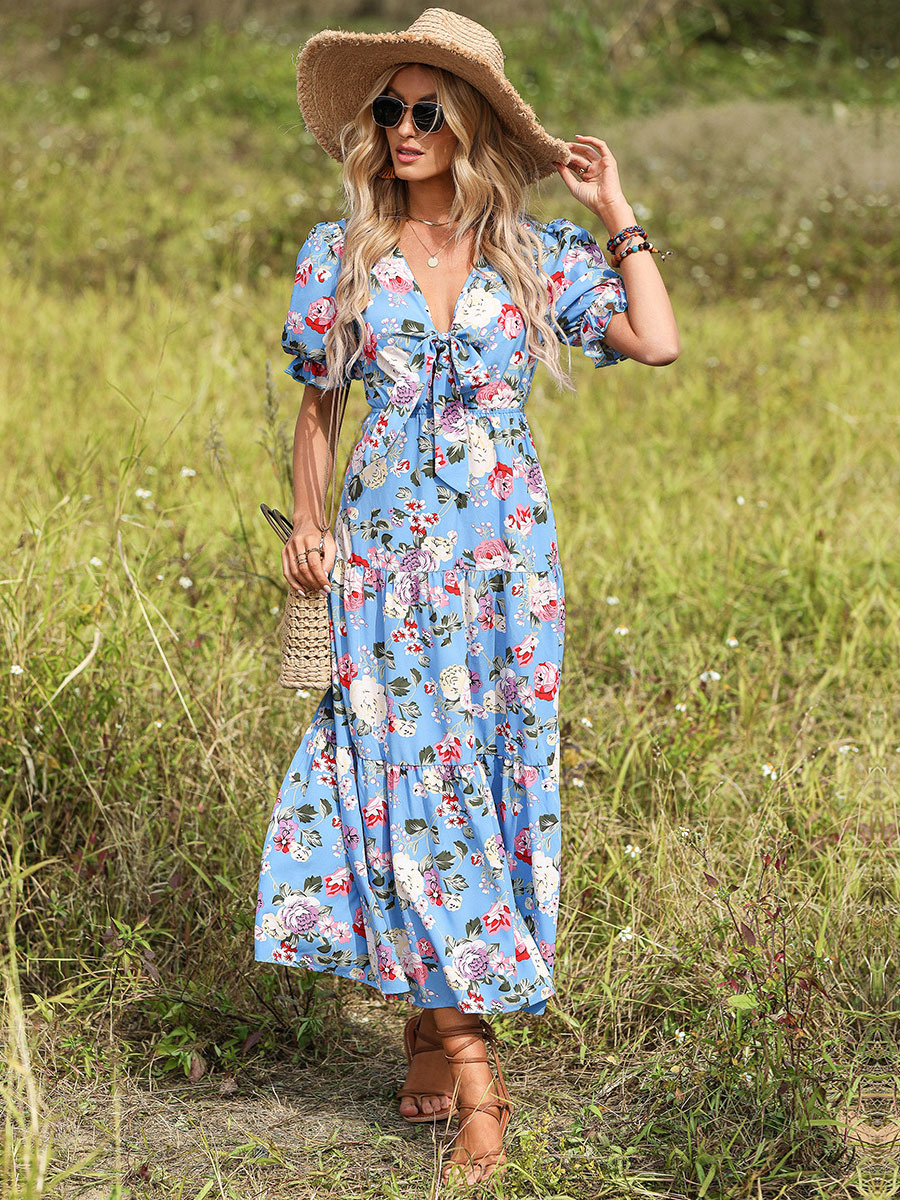 Robe Fleurie Maxi Col V Manches Courtes Décontracté Robe Longue Imprimé ...