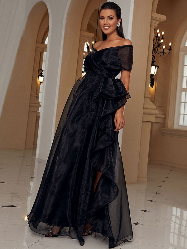 Party Dresses Black Bateau Neck Split Front Short Sleeves Layered Semi ...