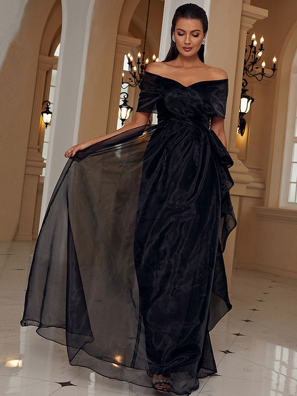 Party Dresses Black Bateau Neck Split Front Short Sleeves Layered Semi ...
