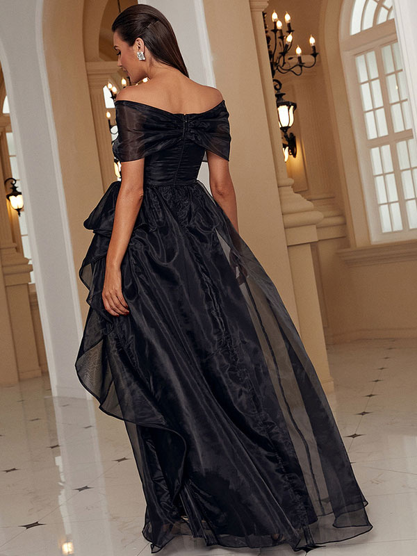 Party Dresses Black Bateau Neck Split Front Short Sleeves Layered Semi ...