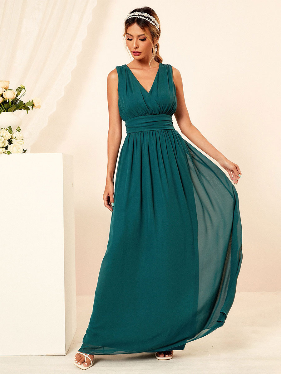 Party Dresses Green V-Neck Pleated Sleeveless Layered Semi Formal Dress ...