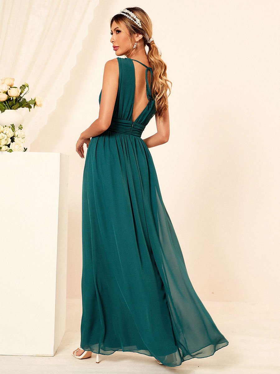 Party Dresses Green V-Neck Pleated Sleeveless Layered Semi Formal Dress ...