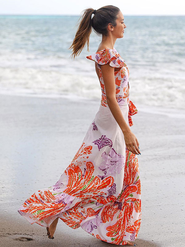 2-Piece Set Swimsuits White Floral Print Ruffles U-Neck Backless Summer ...