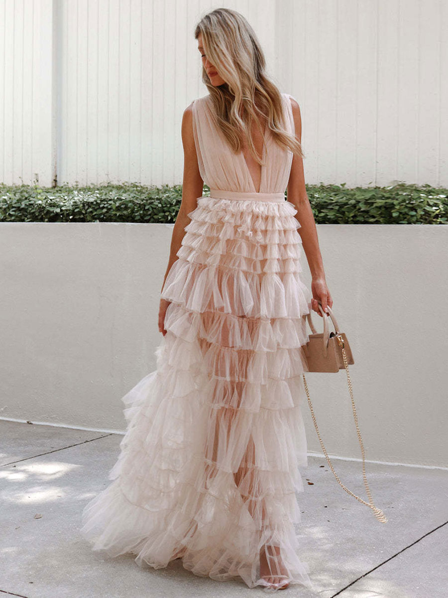 Party Dresses Soft Pink V-Neck Ruffles Sleeveless Oversized Semi Formal ...
