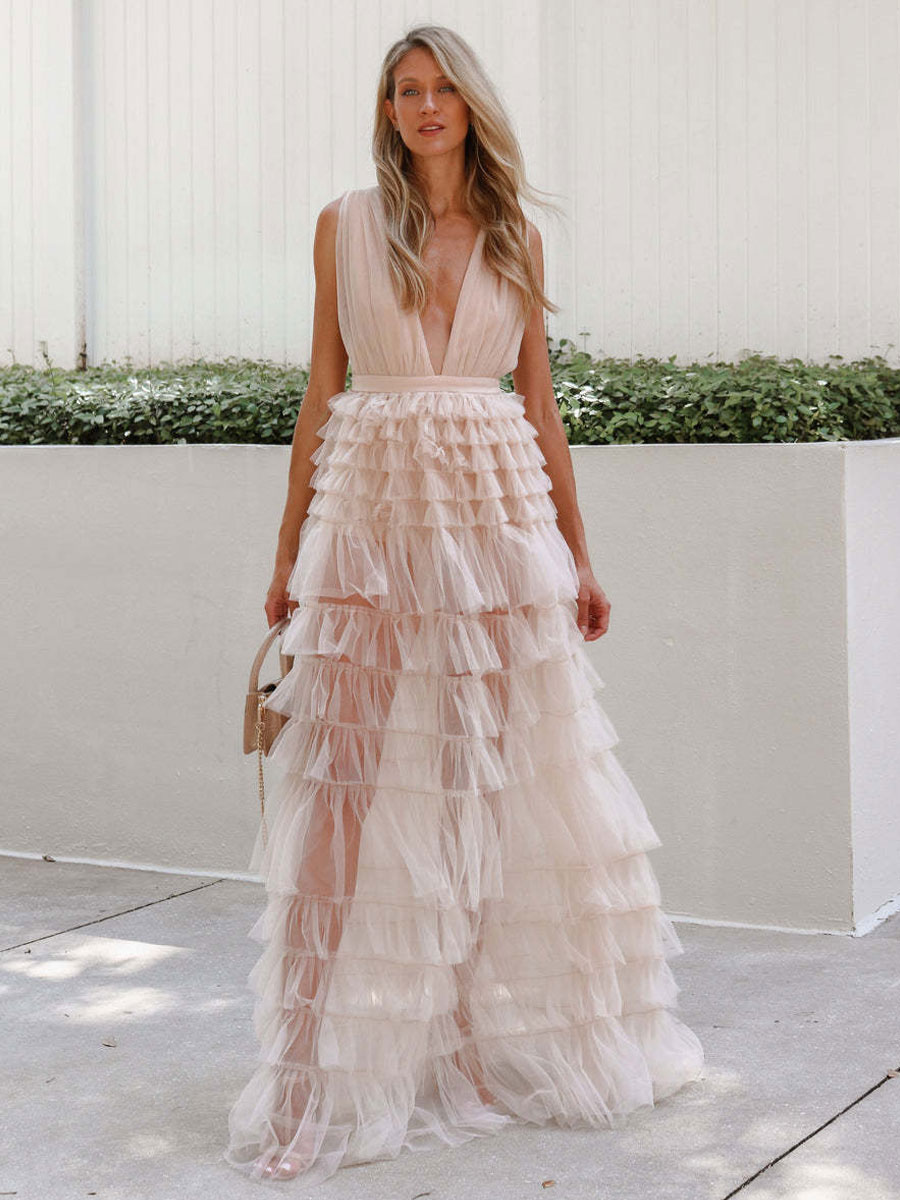 Party Dresses Soft Pink V-Neck Ruffles Sleeveless Oversized Semi Formal ...