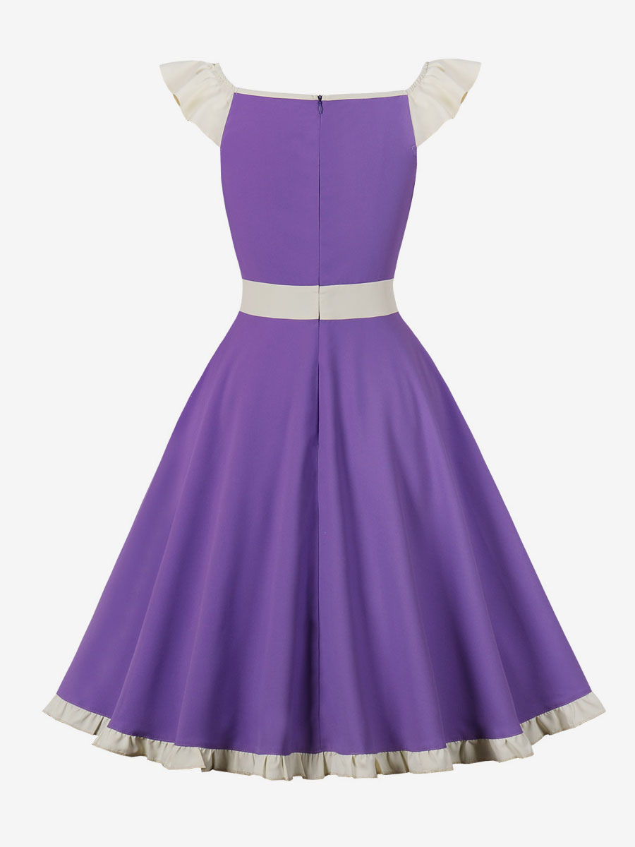 Retro Dress Purple 1950s Audrey Hepburn Style Two-Tone Sleeveless V ...