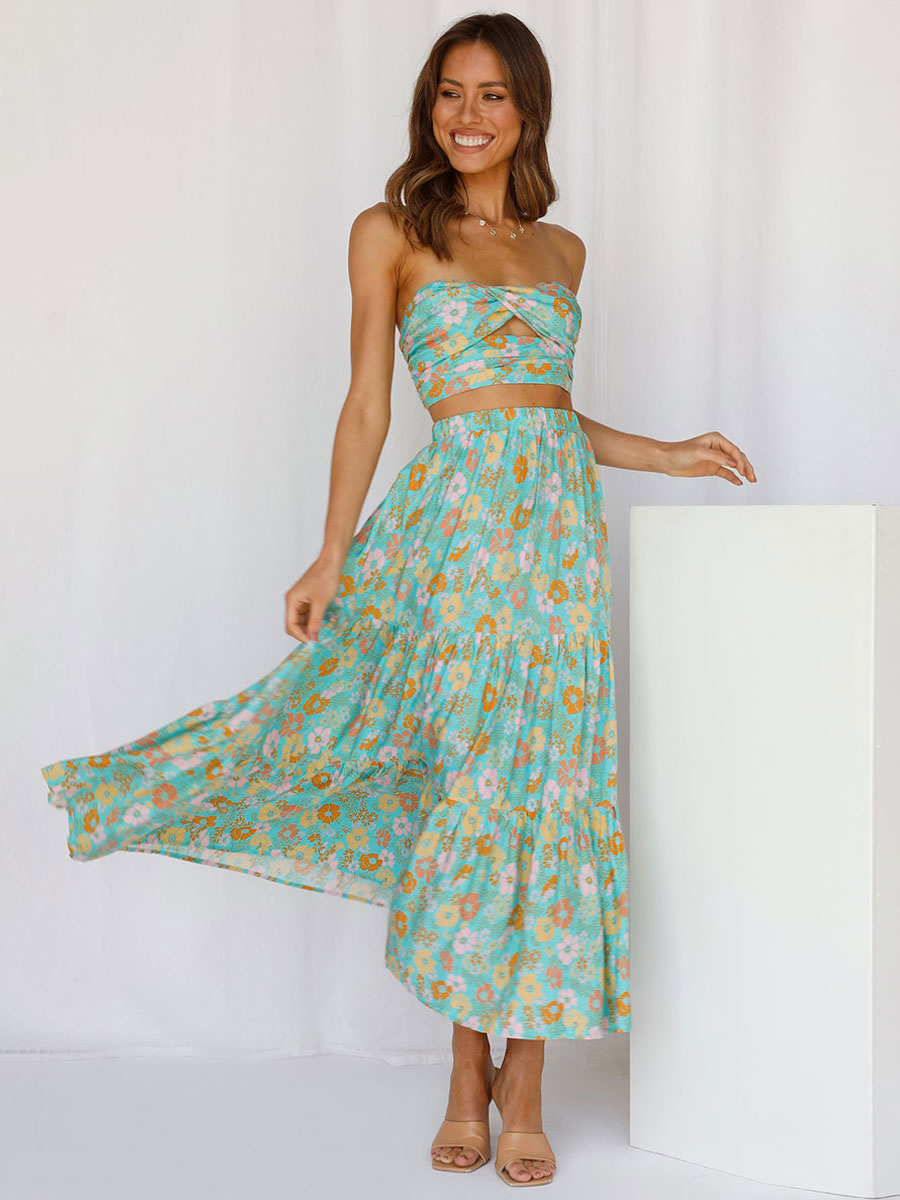 Skirt Set Green Floral Print Resort Wear Pleated Elegant Two Piece Sets ...