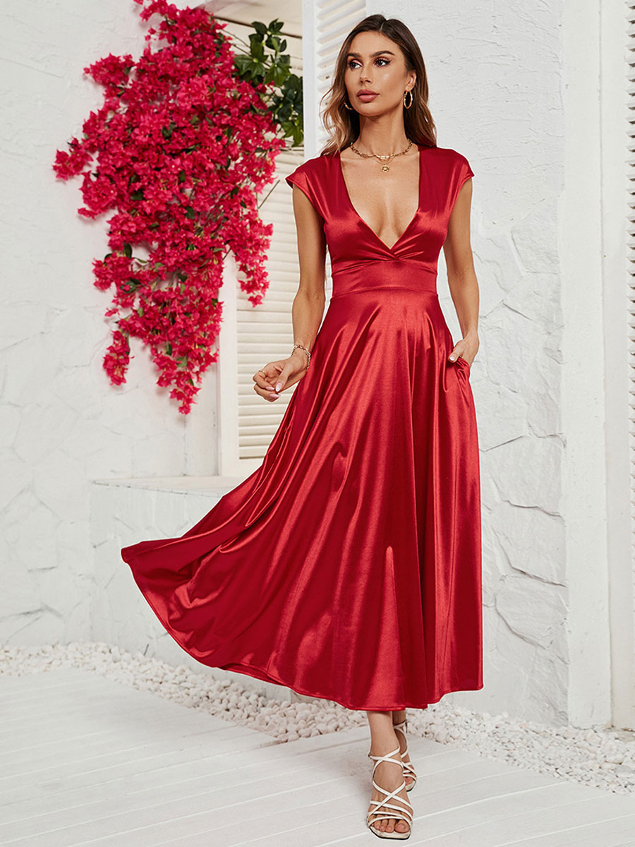 Party Dresses Green V-Neck Pleated Sleeveless Semi Formal Dress ...