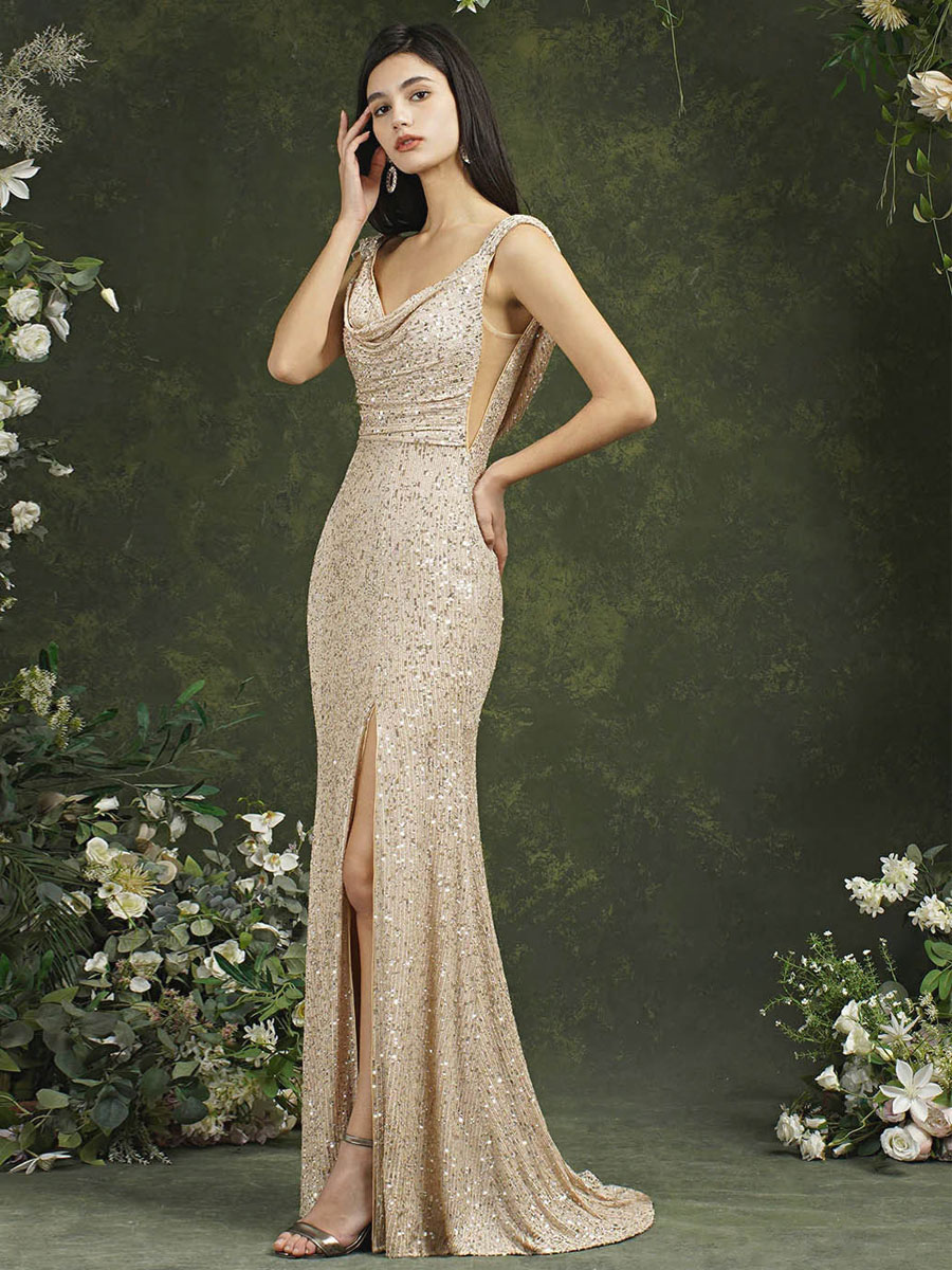 Robes De Soirée Abricot Col Bénitier Paillettes Sans Manches Robe Semi ...