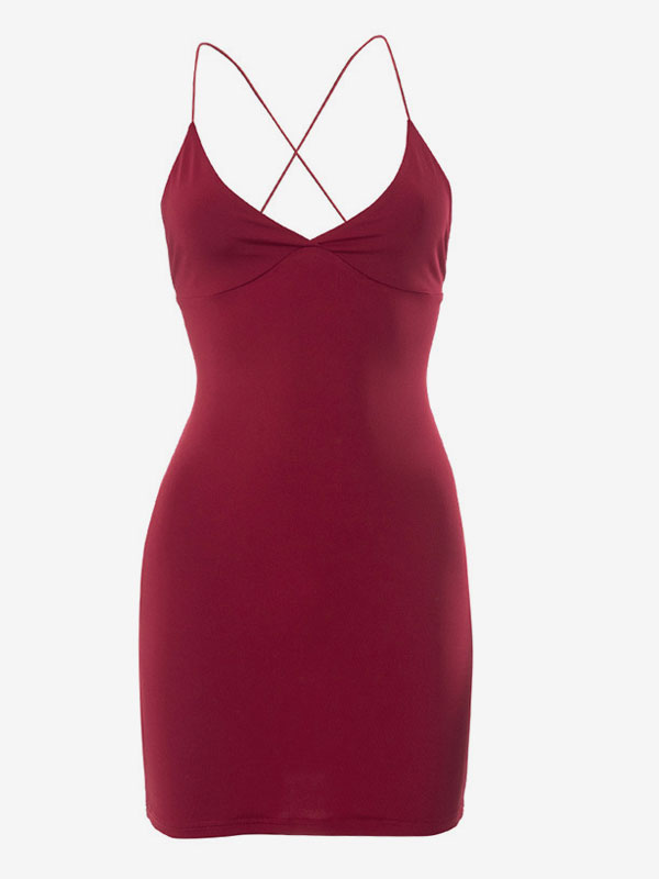 Bodycon Dresses Red V-Neck Lace Up Backless Sexy Sleeveless Pencil ...