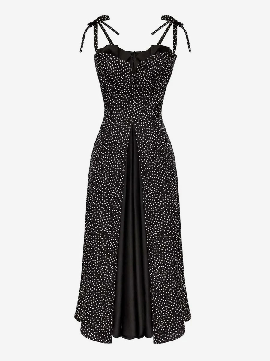 Summer Midi Dress Yellow Straps Neck Bows Polka Dot Beach Dress ...