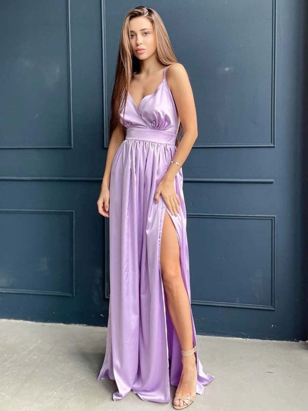Party Dresses Violet V-Neck Split Front Sleeveless High-slit Semi ...
