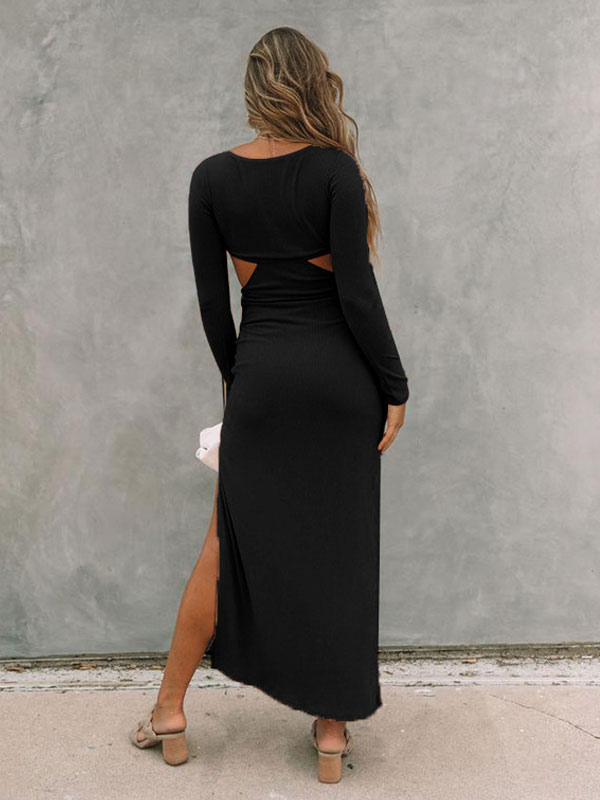 Bodycon Dresses Black Long Sleeves Sexy Jewel Neck High-slit Body ...