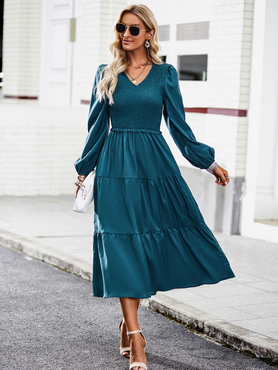 Midi Dresses V-Neck Long Sleeves Pleated Layered Chic Fit And Flare ...