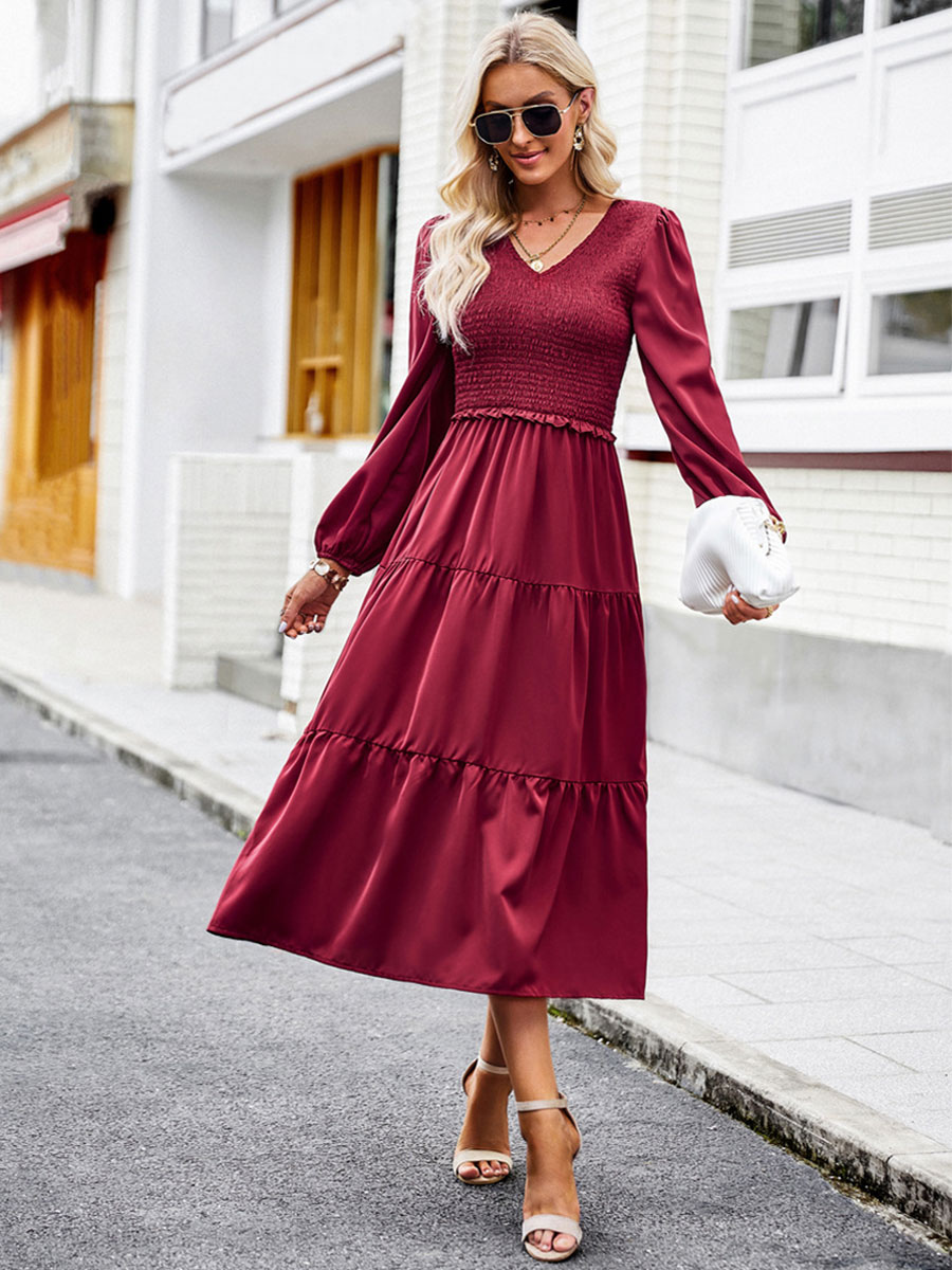 Midi Dresses V-Neck Long Sleeves Pleated Layered Chic Fit And Flare ...
