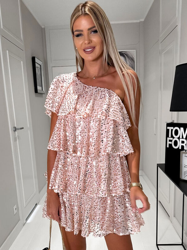 Robes De Soirée Robe Semi-Formelle Noire À Volants À Col Asymétrique ...