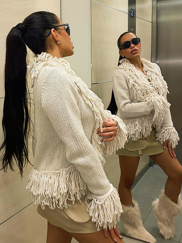 Women Cardigans Long Sleeves Fringe Short Fall Spring Sweaters ...