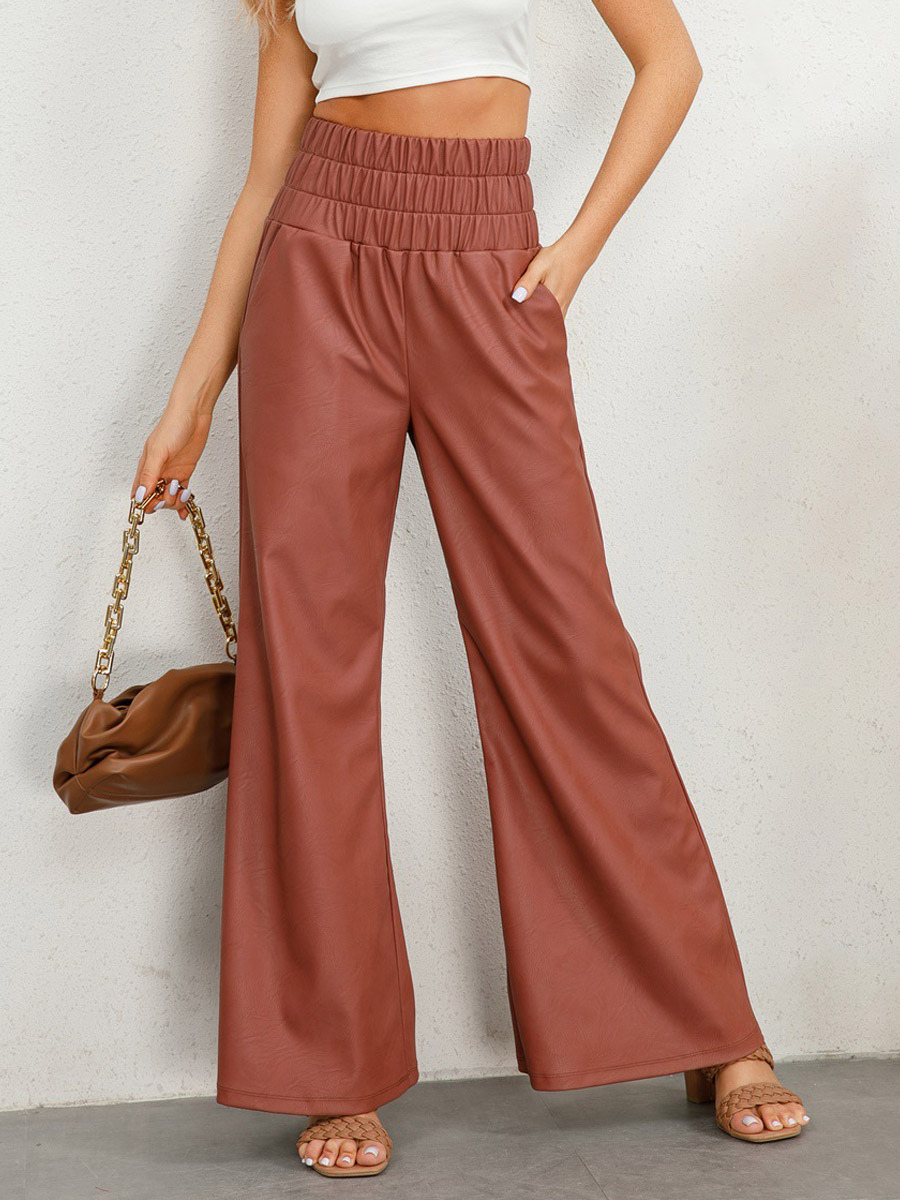 Straight Pants High Waist Wide Leg PU Leather Solid Color Trousers ...