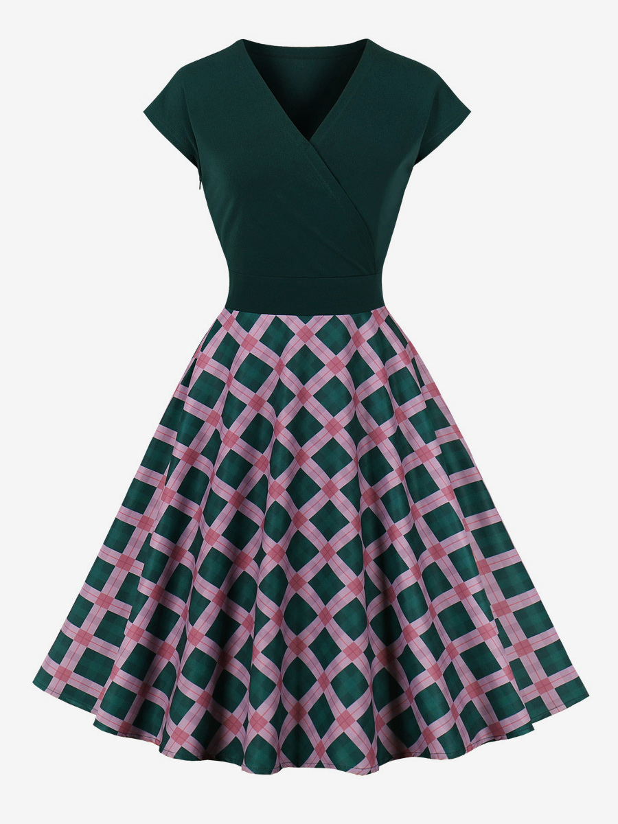 Vintage Green Dress V-Neck Sleeveless Plaid Day Dresses - Milanoo.com