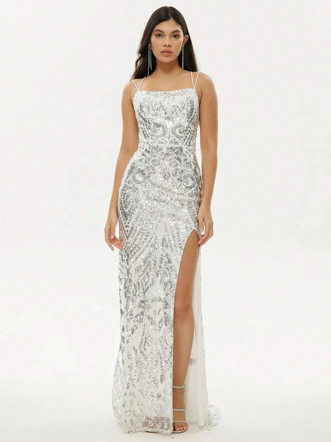 Robes De Soirée À Bretelles Argentées Paillettes Robe Semi-formelle À ...