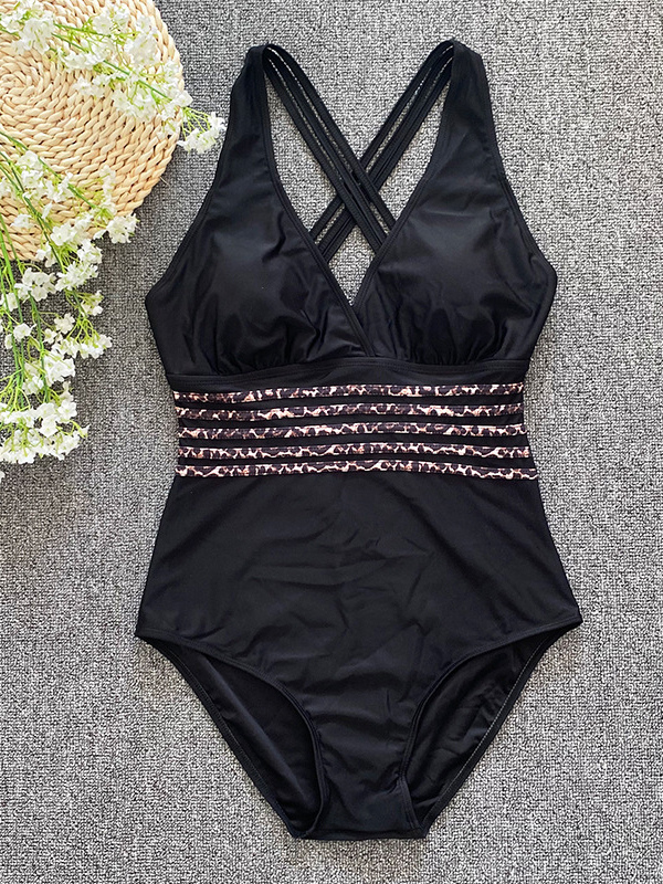 One Piece Swimsuits For Women Black Leopard Print V-Neck Backless ...