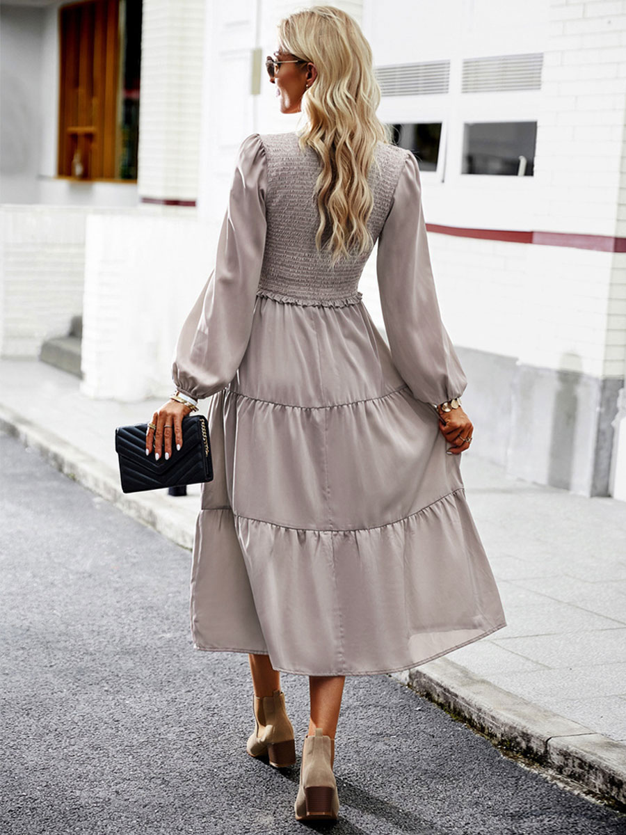 Midi Dresses V-Neck Long Sleeves Pleated Layered Chic Fit And Flare ...