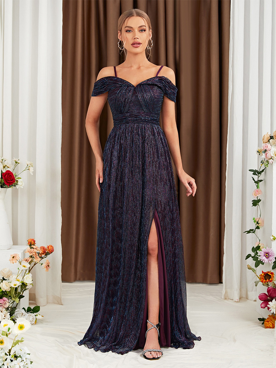Plum Dress Cold Shoulder High-Slit Elegant Prom Party Maxi Dresses ...