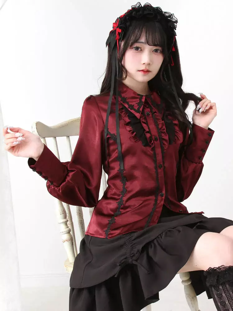 ワインレッド コットン ワンピース ロリィタ服 半袖 レーストリム