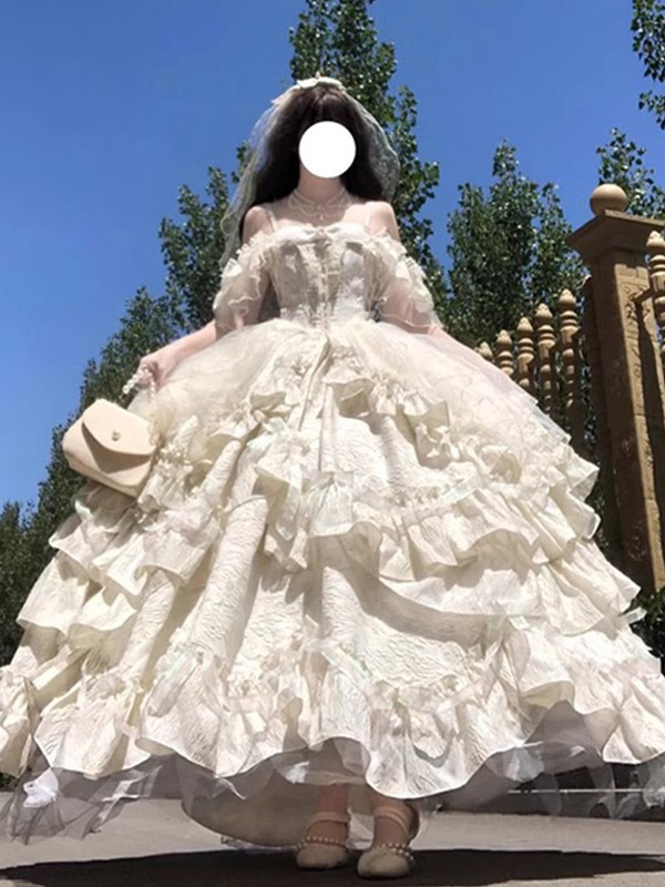 Fairy Lolita Dresses Cream White Wedding Style Off-Shoulder Tiered ...