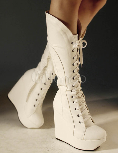 White Lace-Up Leather Wedge Boots For Women - Milanoo.com