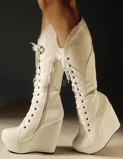 White Lace-Up Leather Wedge Boots For Women - Milanoo.com