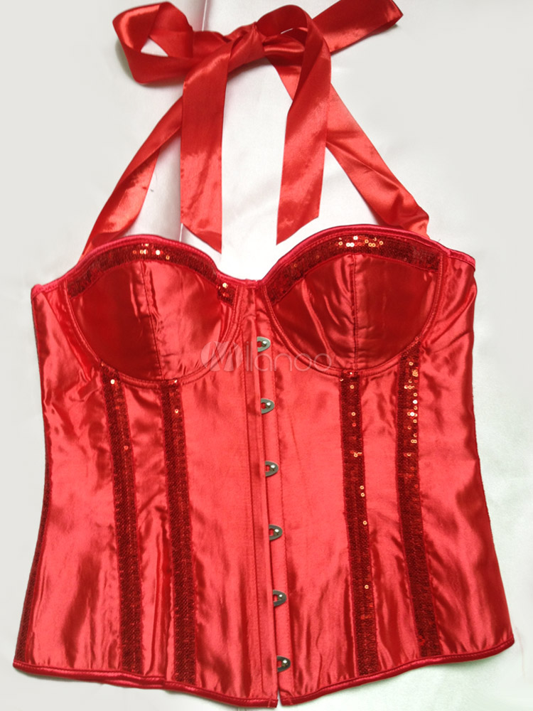 Red Sexy Sequin Matte Satin Overbust Corset