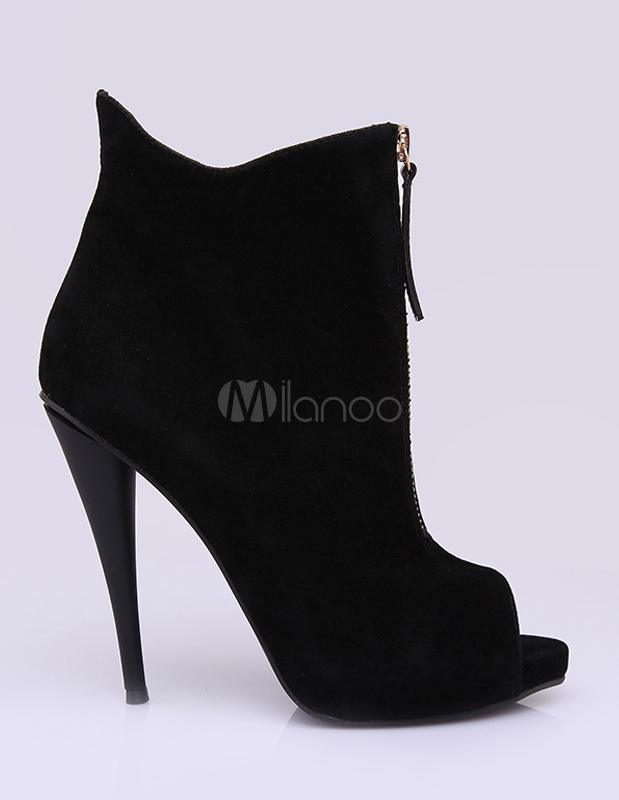 Black Peep Toe Cone Heel Monogram Suede High Heel Booties For Woman ...