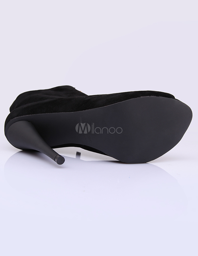 Black Peep Toe Cone Heel Monogram Suede High Heel Booties For Woman ...