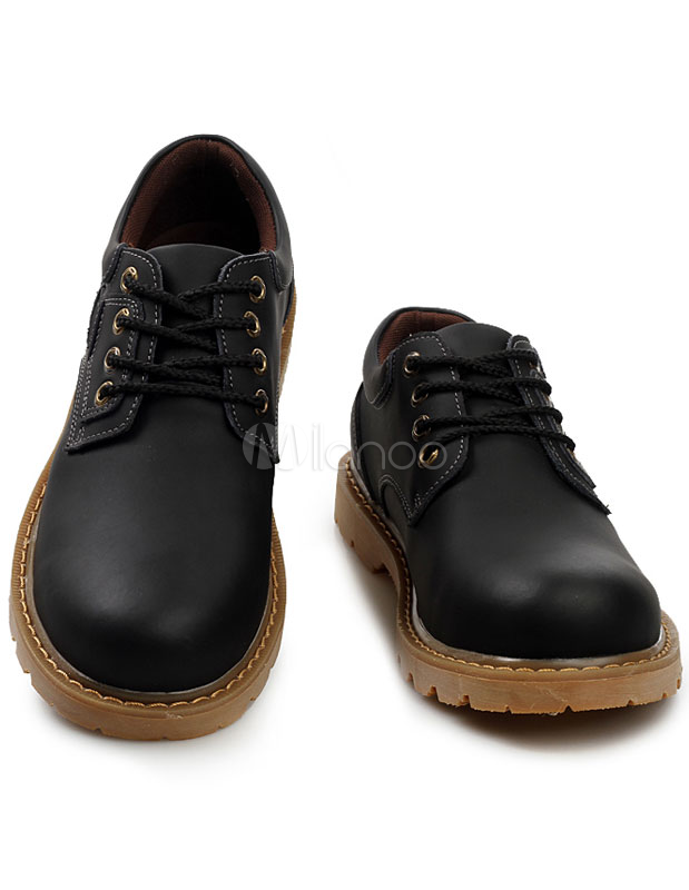 Fashion Black Round Toe Lace Up Cowhide Mens Casual Shoes - Milanoo.com