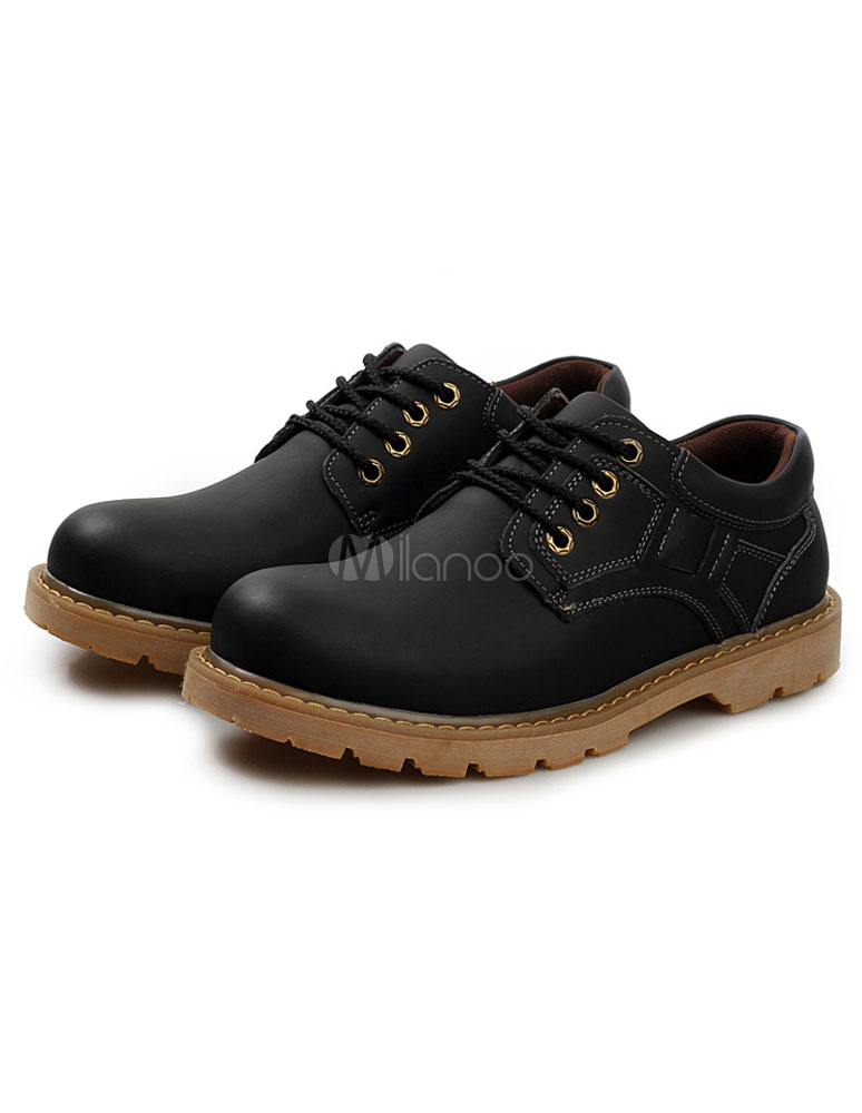 Fashion Black Round Toe Lace Up Cowhide Mens Casual Shoes - Milanoo.com