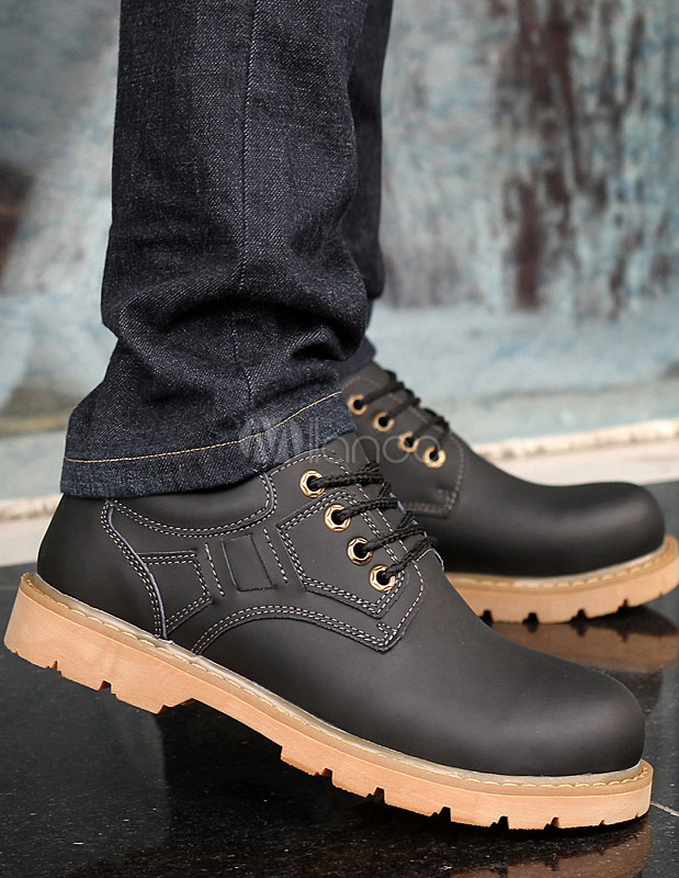 Fashion Black Round Toe Lace Up Cowhide Mens Casual Shoes - Milanoo.com