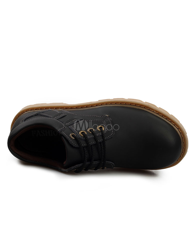 Fashion Black Round Toe Lace Up Cowhide Mens Casual Shoes - Milanoo.com